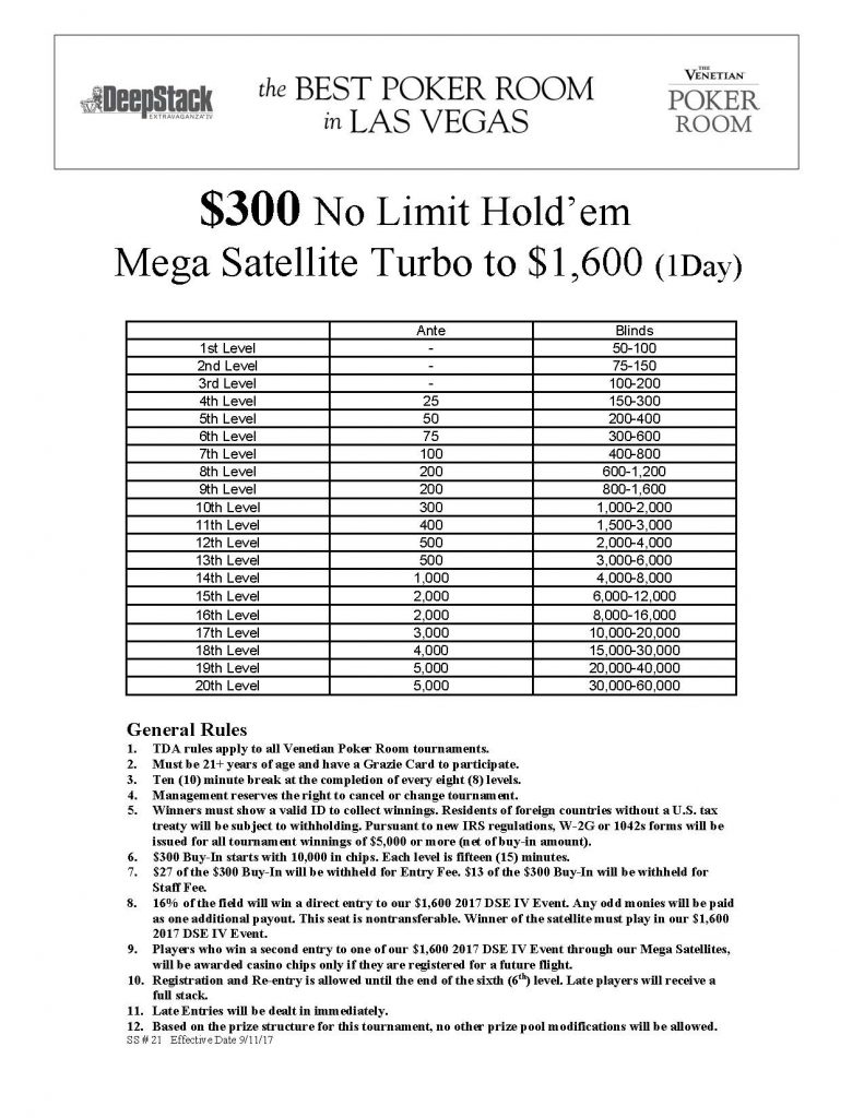 $300 Mega Turbo Satellite Begins at 10 a.m. | Venetian Poker Room