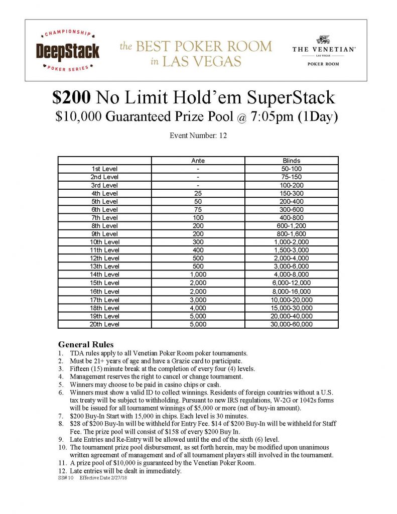 Event 12: $200 No-Limit Hold’em SuperStack $10,000 Guarantee Begins at ...