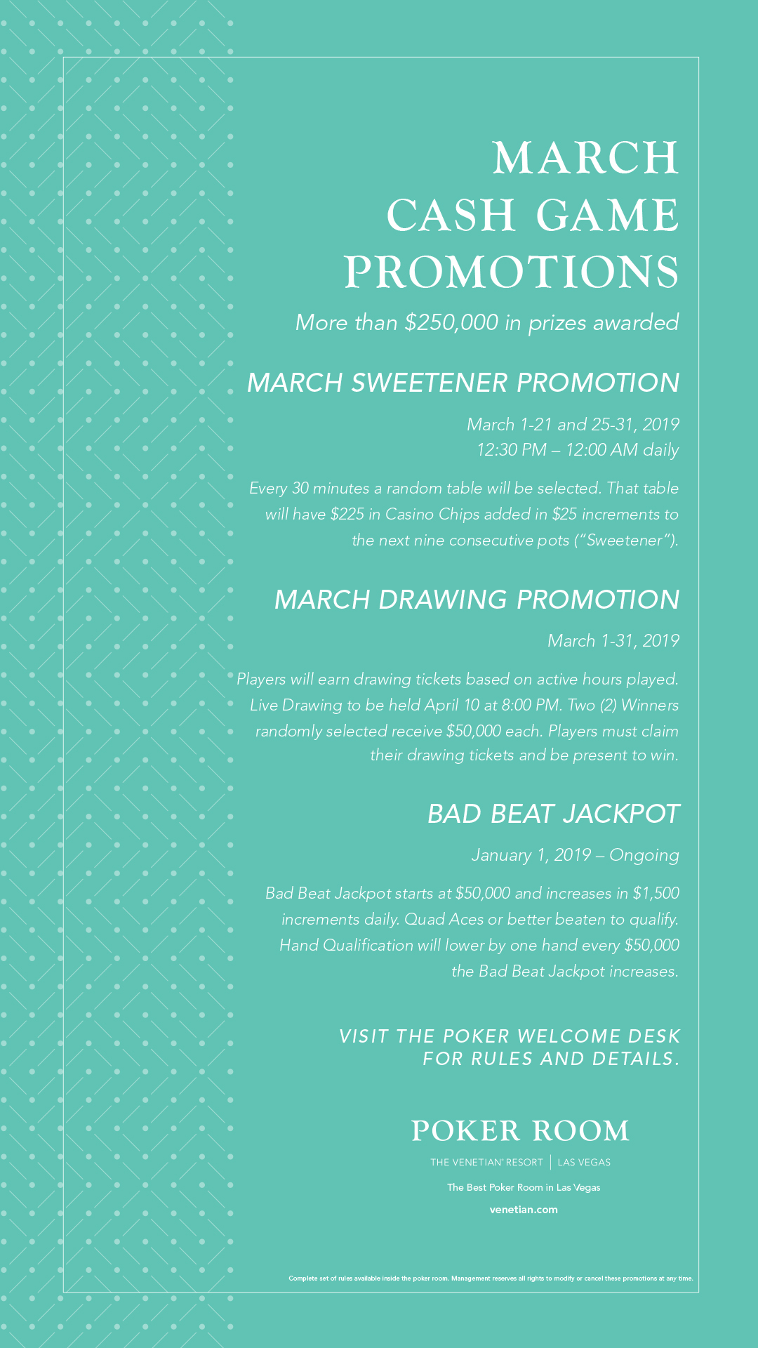 March Cash Game Drawing Promotion | Venetian Poker Room