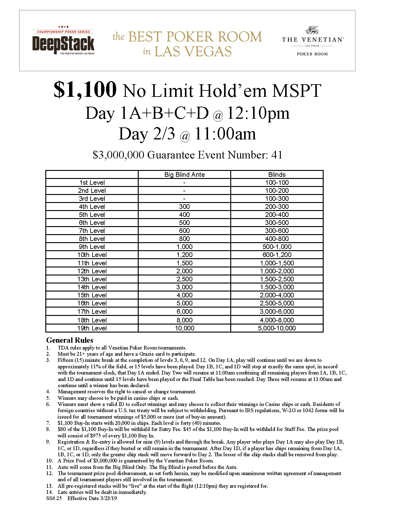 Registration for DeepStack Championship Event #41 Day 1A | Venetian ...