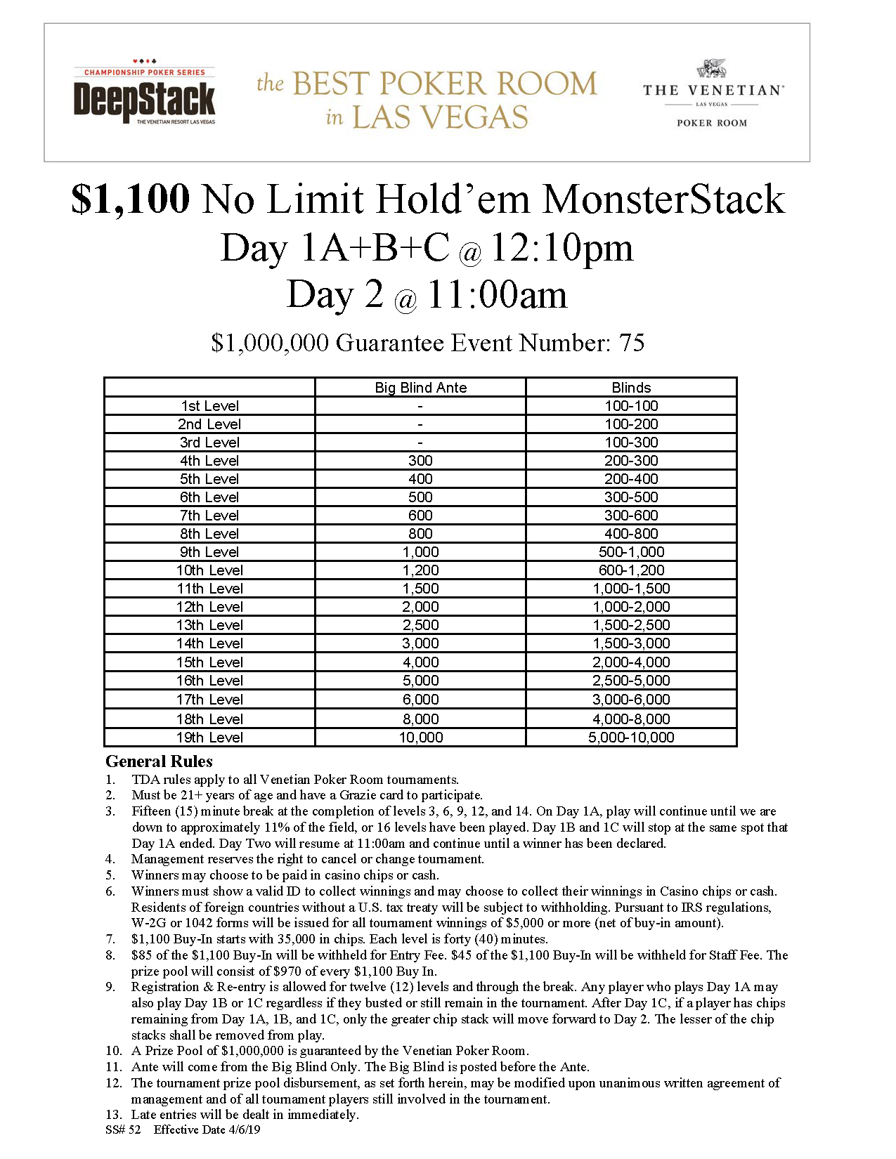 Registration for DeepStack Championship Event #75 Day 1B | Venetian ...