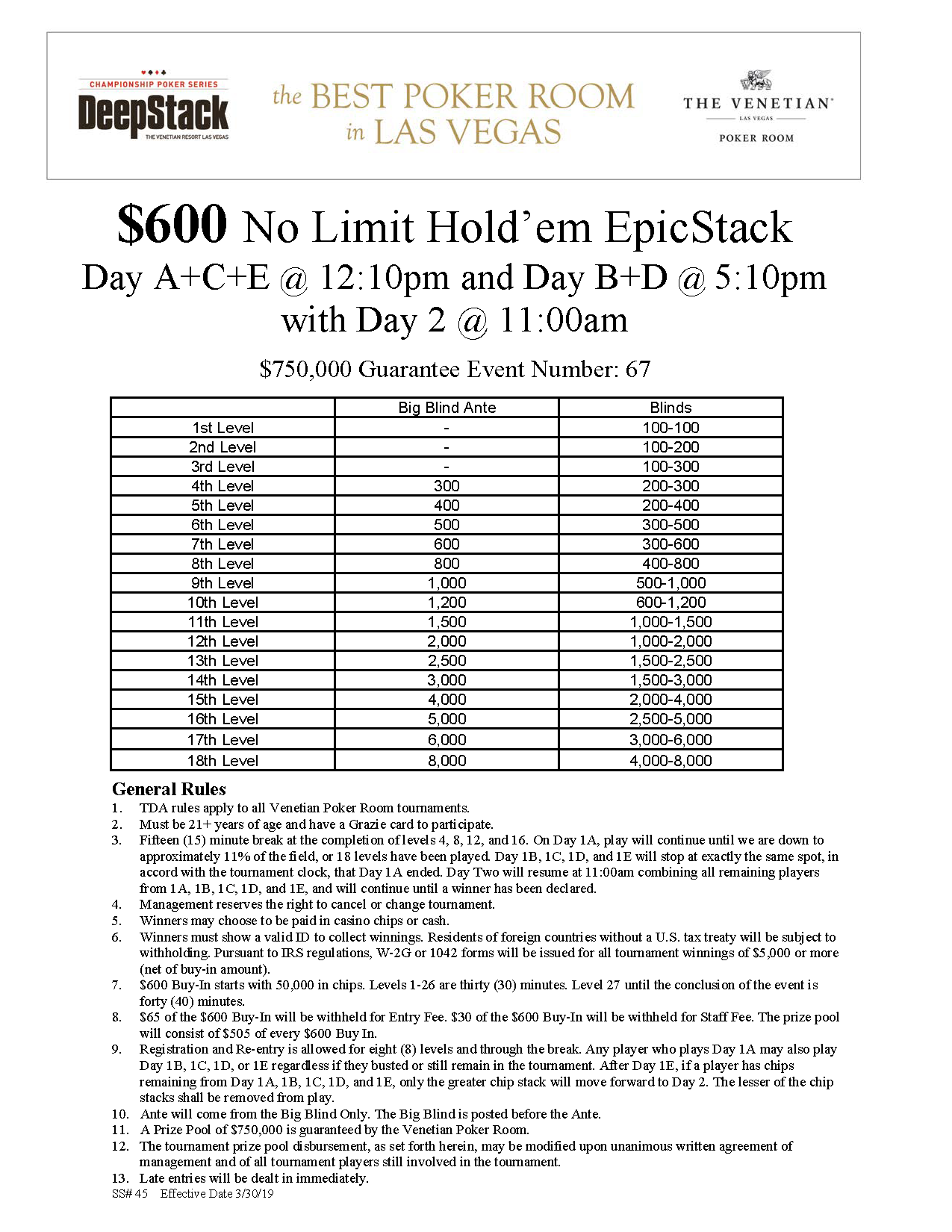Registration for DeepStack Championship Event #67 Day 1D | Venetian ...