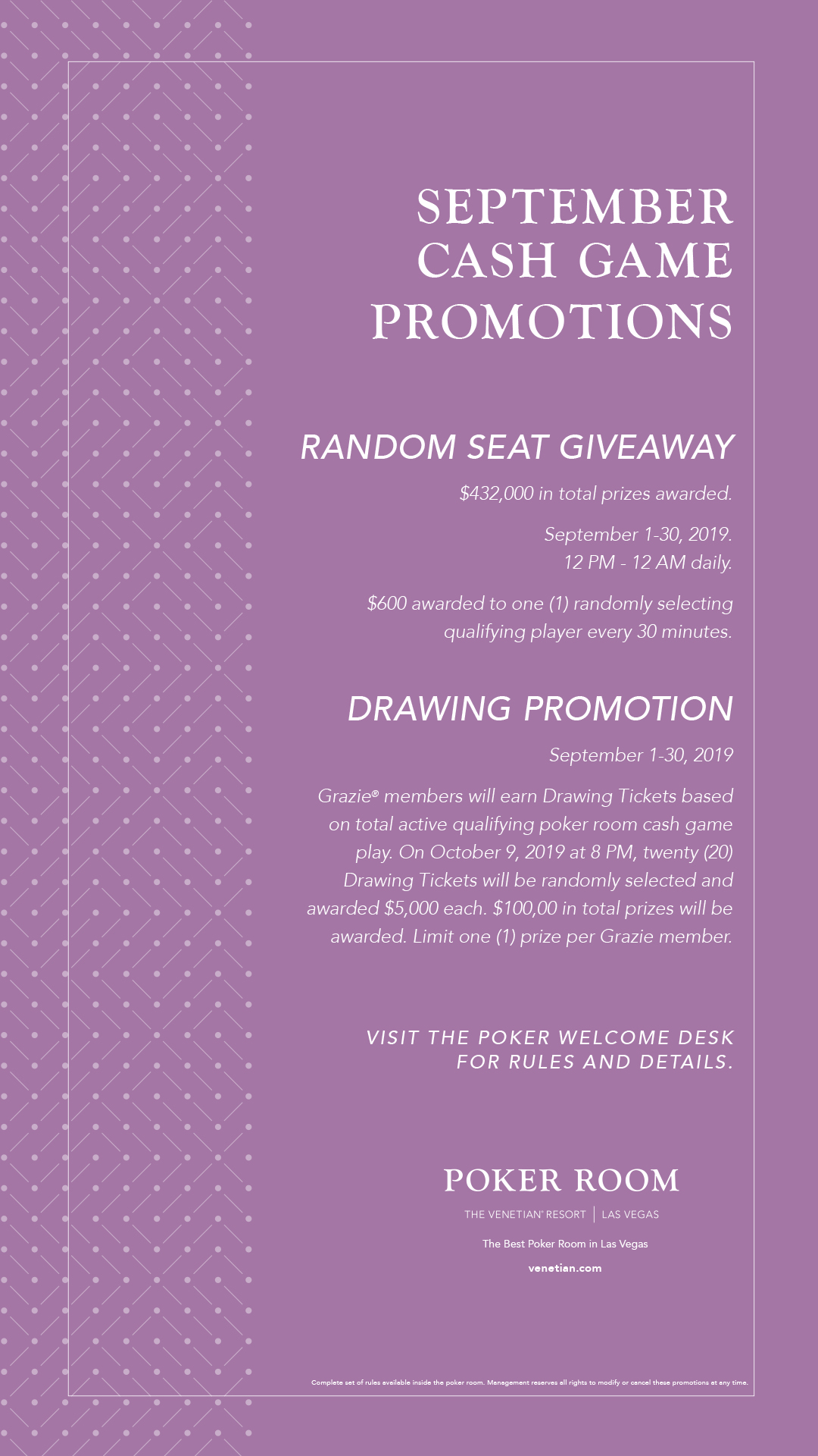September Cash Drawing Info | Venetian Poker Room